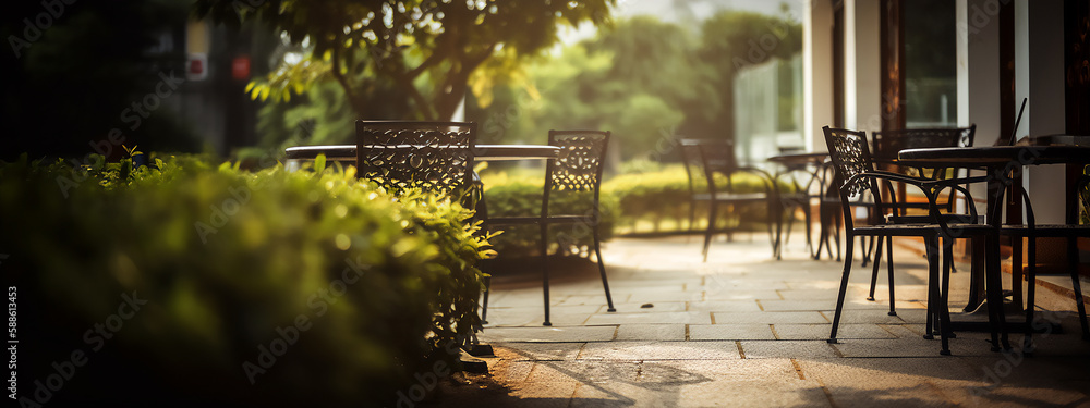 exterior of the cafe restaurant with garden table and chair, empty ...