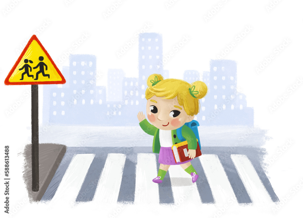 cartoon scene with child girl going through crossing in the city street ...