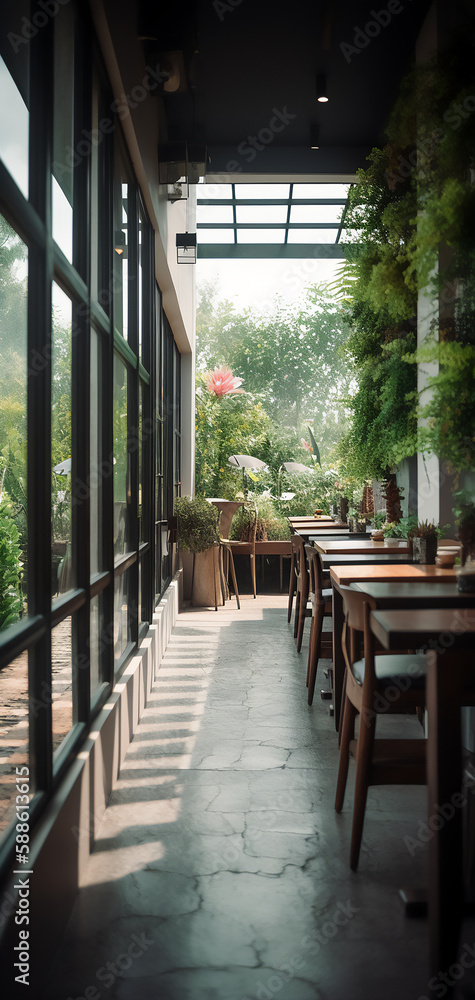 exterior of the cafe restaurant with garden table and chair, empty ...
