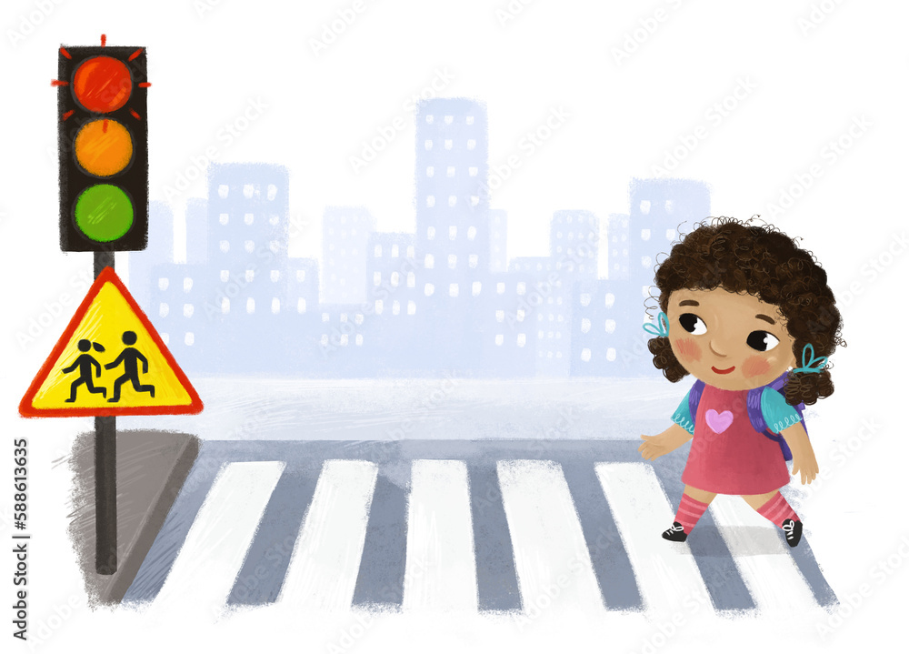 cartoon scene with child girl going through crossing in the city street ...