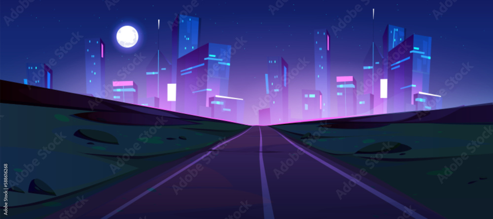 Night road to city vector background. Highway to futuristic street ...