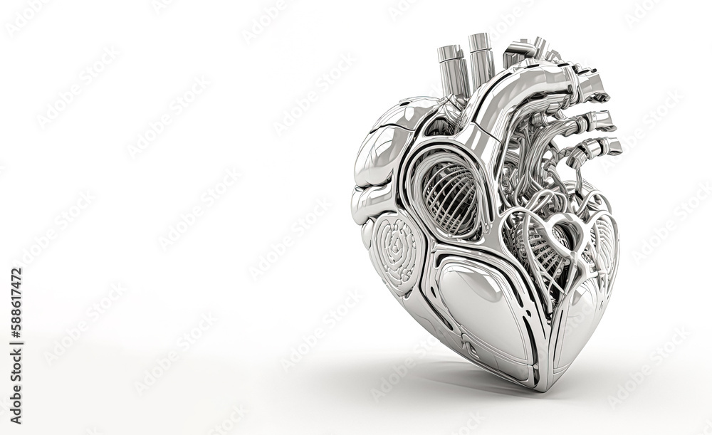 Silver sci-fi cyber heart beating, a simple structure, copy space ...