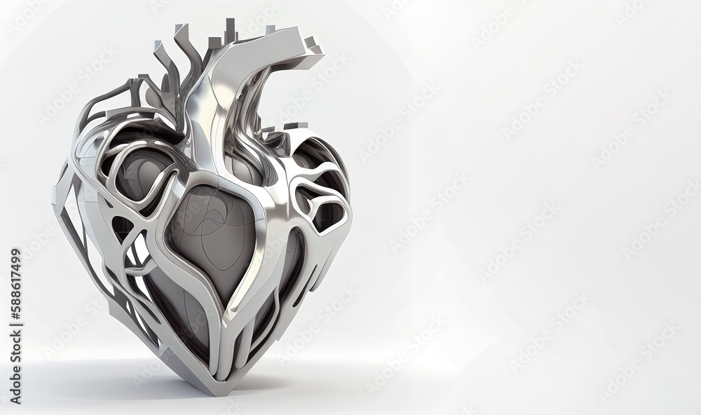 Silver sci-fi cyber heart beating, a simple structure, copy space ...
