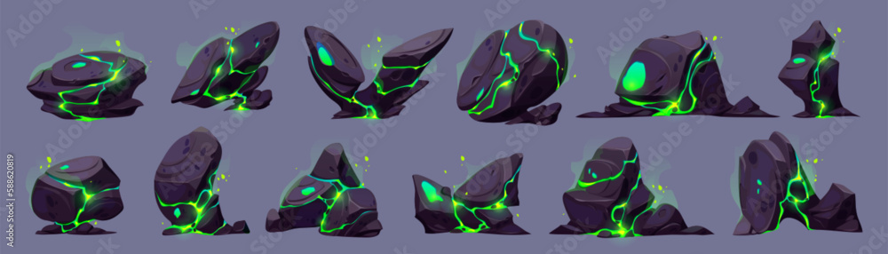 Cartoon set of cracked stones with neon green light inside. Vector ...