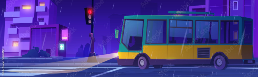 Night rain on street view city bus stop on red traffic light vector ...