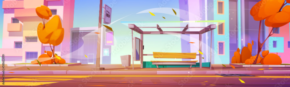 Autumn wind on street bus stop on road vector background. Day light in ...