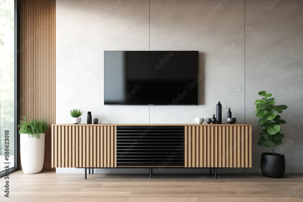 Television put on tv stand wood table, in minimal empty space luxury ...