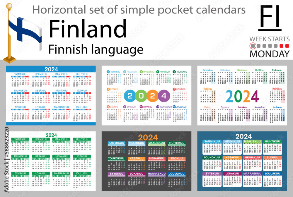 Finnish horizontal set of pocket calendar for 2024. Week starts Monday ...