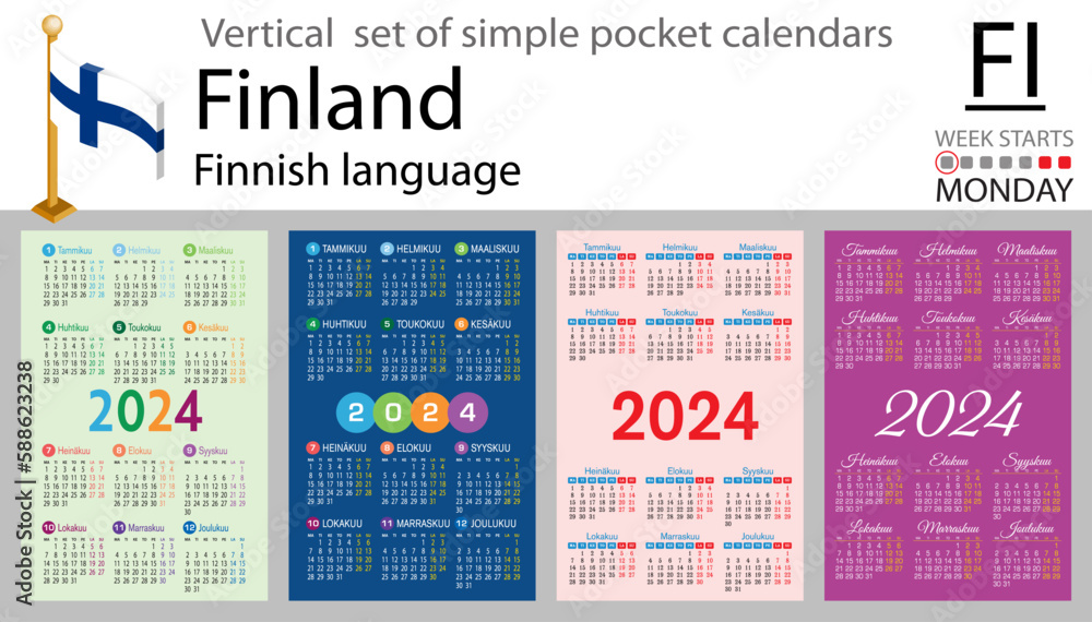 Finnish vertical set of pocket calendar for 2024. Week starts Monday ...
