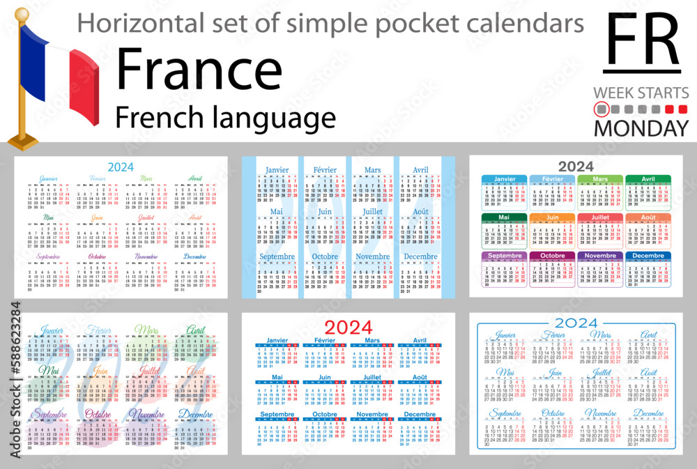 French horizontal set of pocket calendar for 2024. Week starts Monday ...