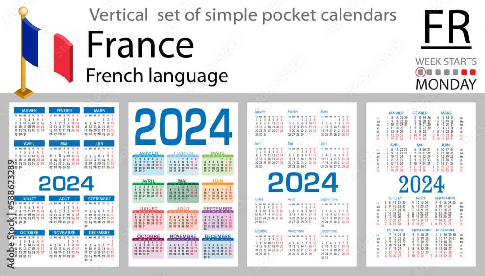 French vertical set of pocket calendar for 2024. Week starts Monday ...