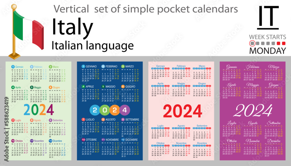 Italian vertical set of pocket calendar for 2024. Week starts Monday ...
