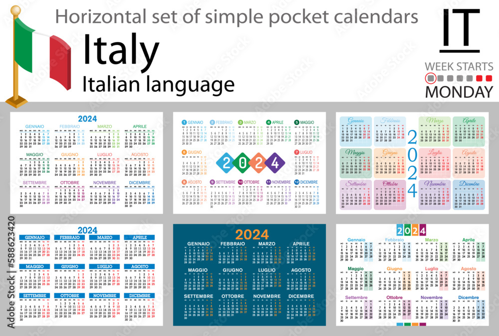 Italian horizontal set of pocket calendar for 2024. Week starts Monday ...