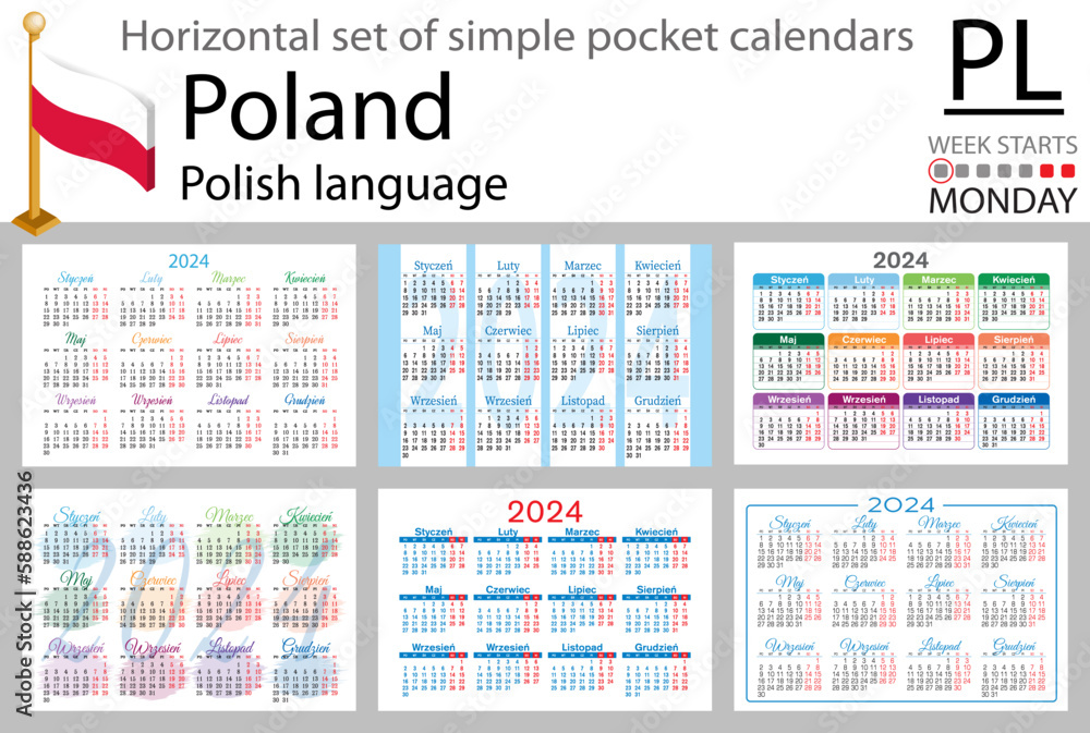 Polish horizontal set of pocket calendar for 2024. Week starts Monday ...