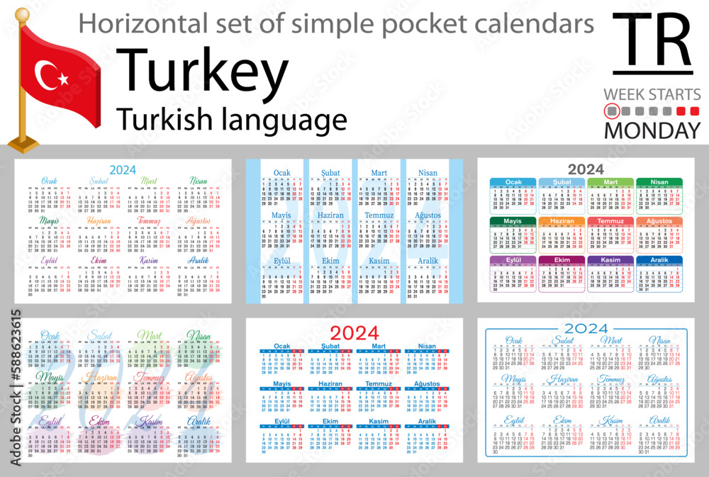 Turkish horizontal set of pocket calendar for 2024. Week starts Monday ...
