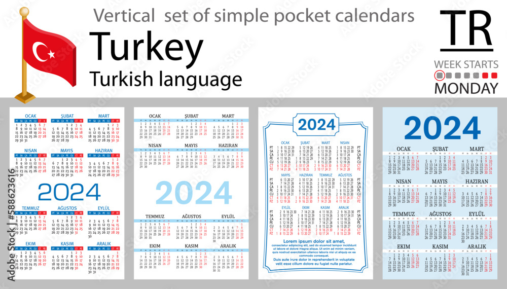 Turkish vertical set of pocket calendar for 2024. Week starts Monday ...