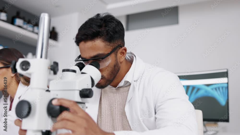 Medical, research and man checking fluid, science or experiment in ...