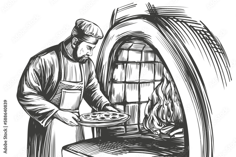 Italian pizza ,process of cooking pizza, baking with fire, hand drawn ...