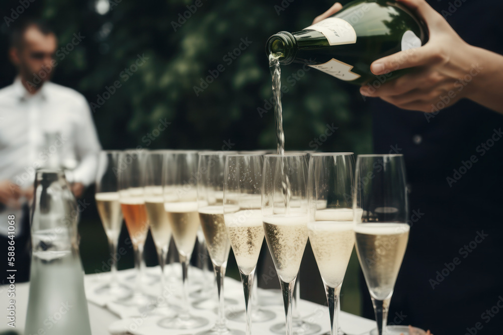 Waiter pouring champagne into glasses on a bar counter outdoors at an ...
