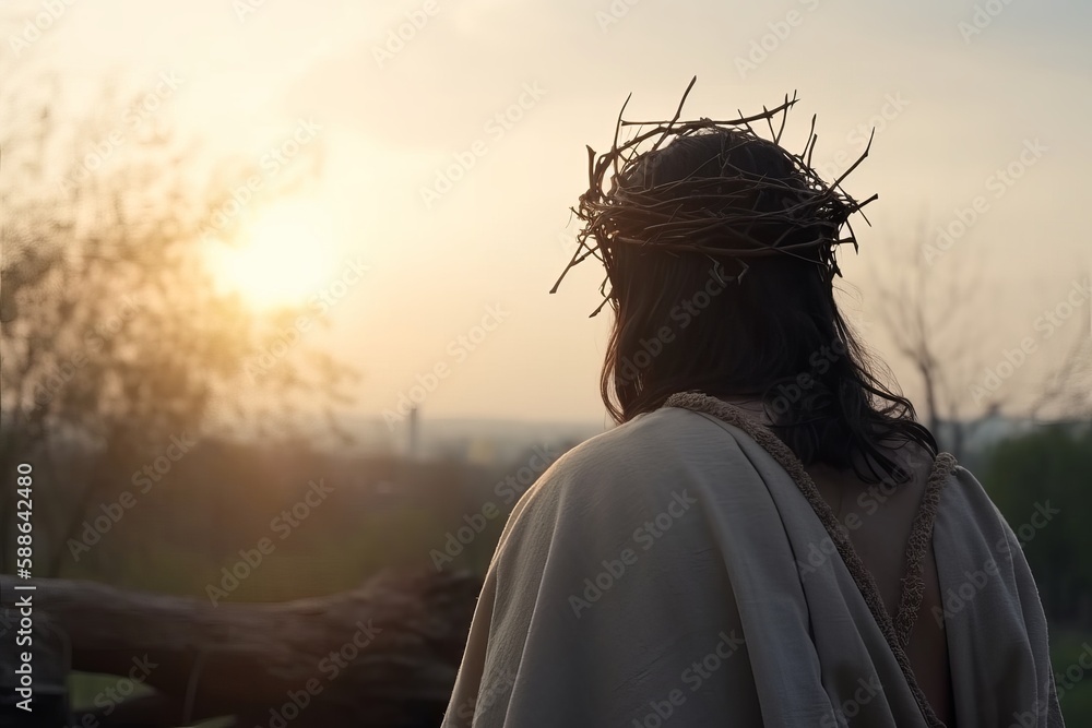 illustration of Jesus Christ from back, wearing crown of thorns, looking up to sky and pray to ...