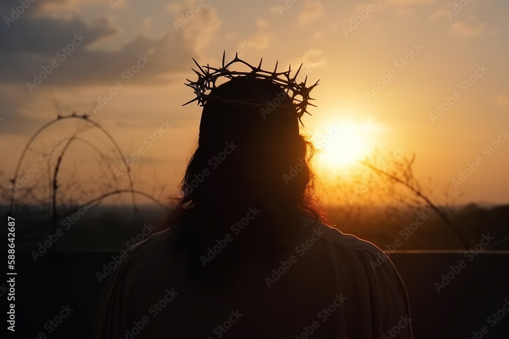 Illustration of Jesus Christ sillhouette from back wearing crown of ...