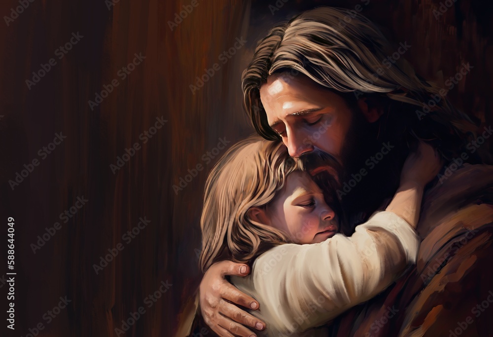 Jesus Christ, Son of God, holding a child in his hands, symbol of Christianity, art painting ...