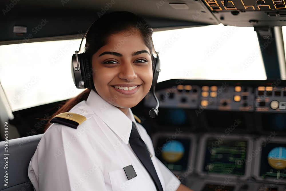Indian female pilot smiling in cockpit of aircraft, Day time ...