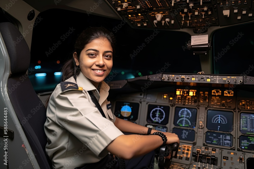 Fotografie, Obraz Indian female pilot smiling in the cockpit of ...