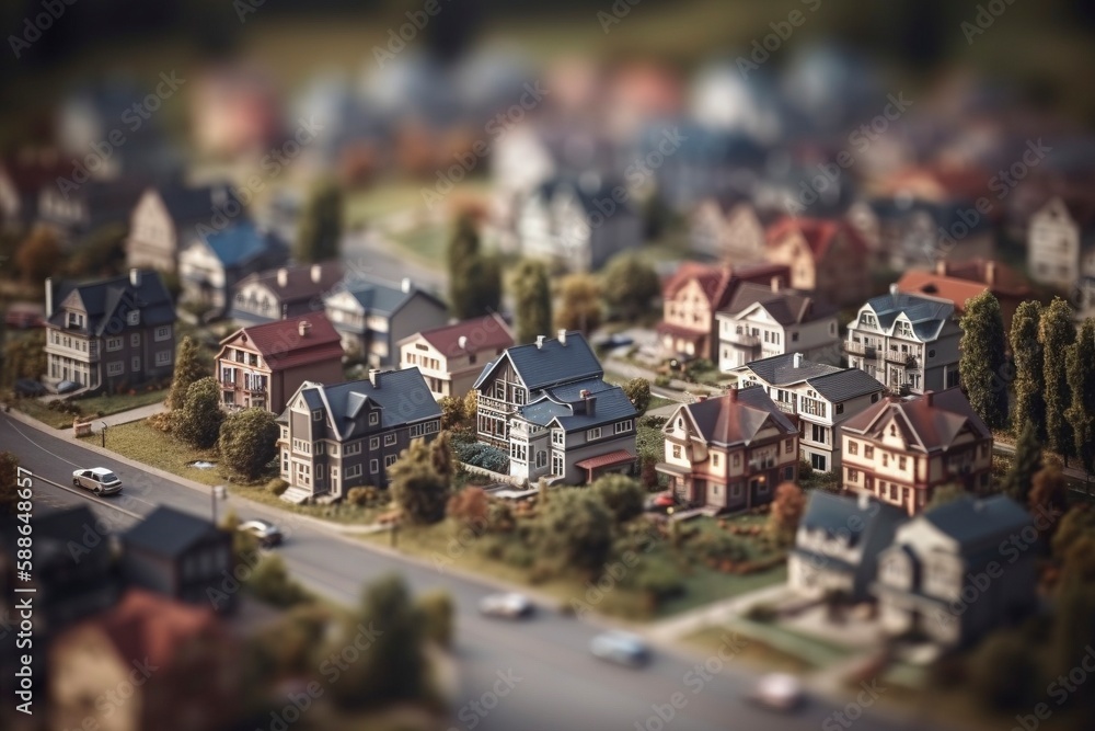 Modern generic suburb style model buildings with tilt shift effect ...
