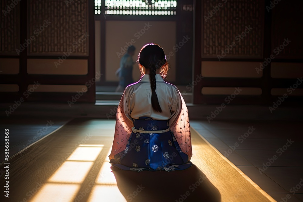 A Korean girl sitting down in a Korean temple, wearing a hanbok, a ...