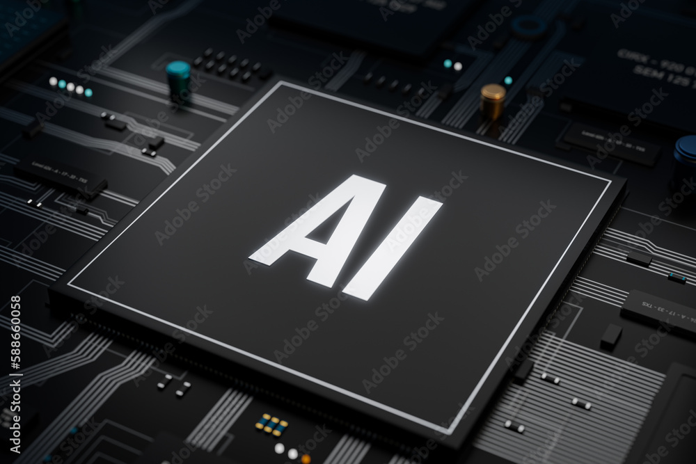 AI processor on the motherboard. Artificial intelligence processing unit process many data ...