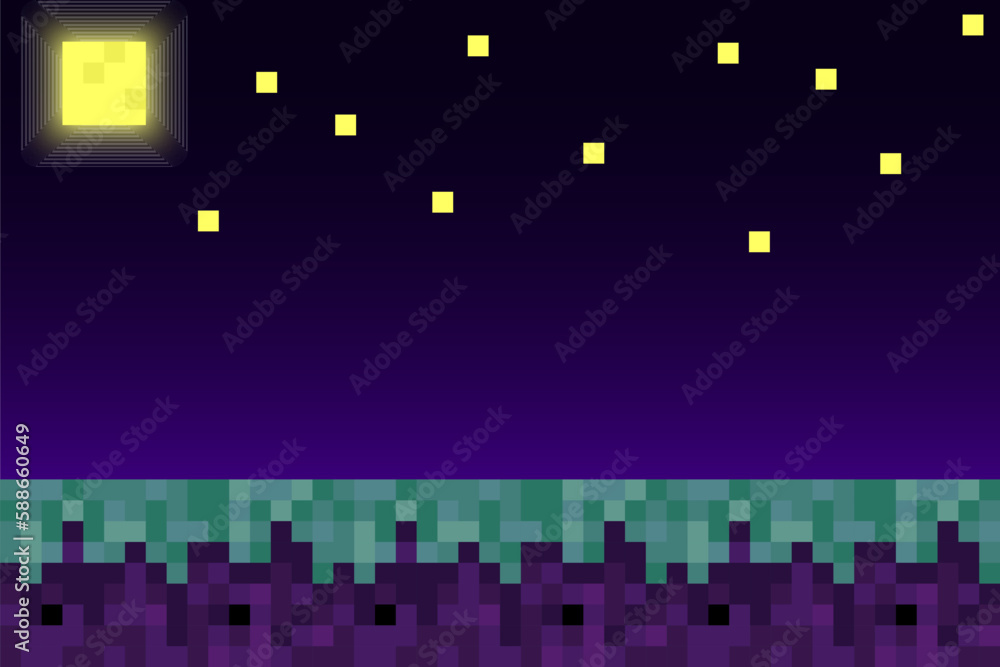 Pixel mine style night land craft background. Concept of game ground ...