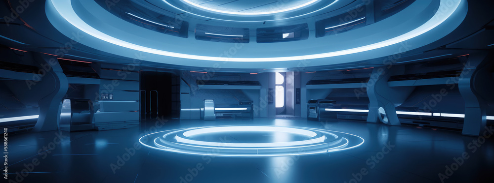 Sci-fi style room. Circular room with illuminated center circle section ...