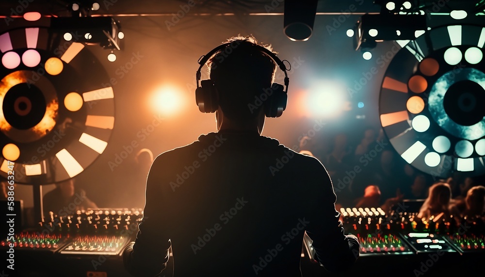 Back view of a DJ guy wearing headphones standing behind a mixing ...