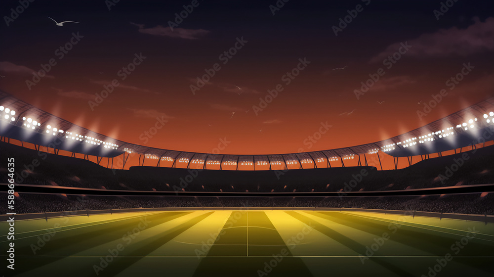 3D render style of a football stadium at night with lights and flares ...