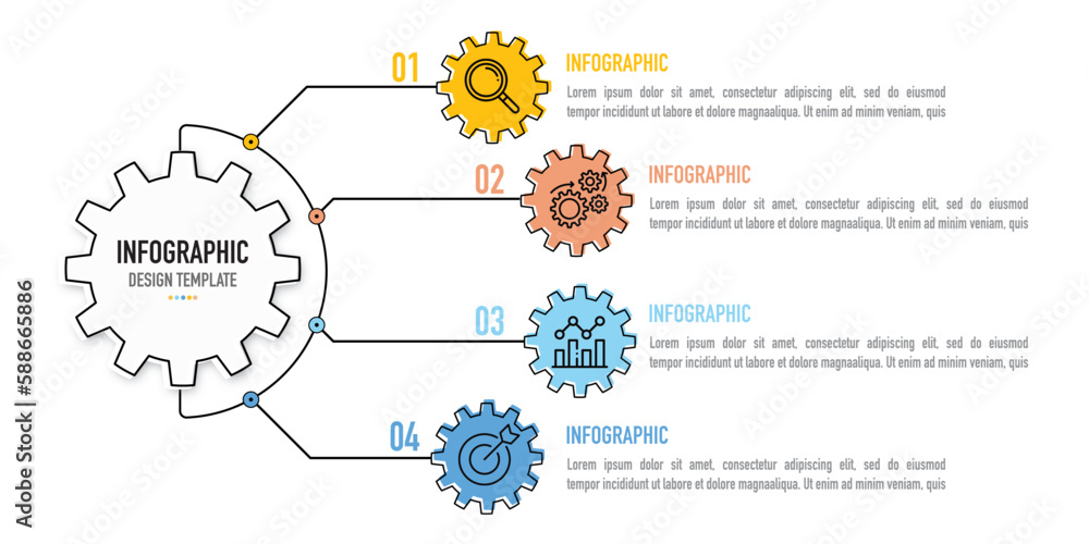 Cog wheel mind map infographic template or element including 4 step or ...