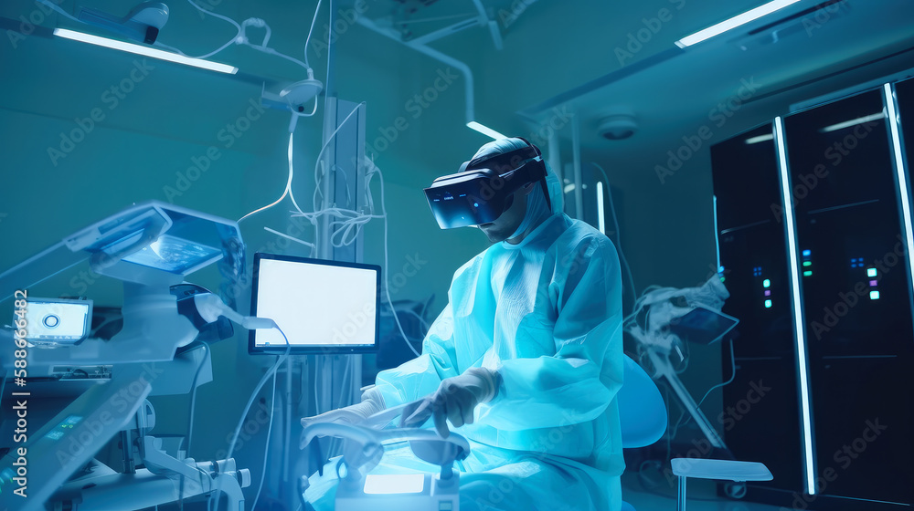 doctor using virtual reality in operating robot room, hospital ...