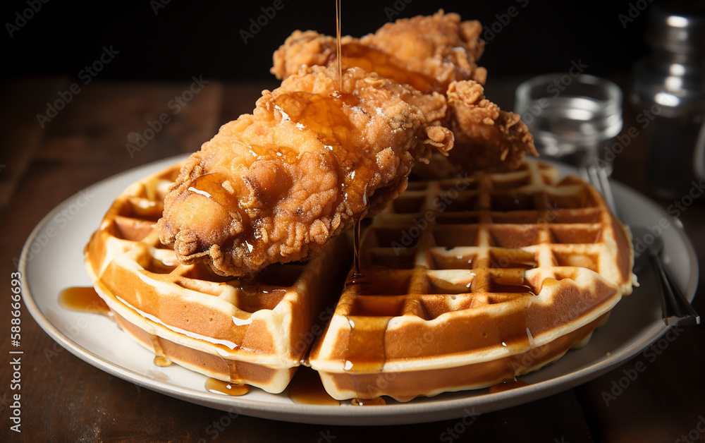 Crispy fried chicken placed atop golden Belgian waffles, drizzled with ...