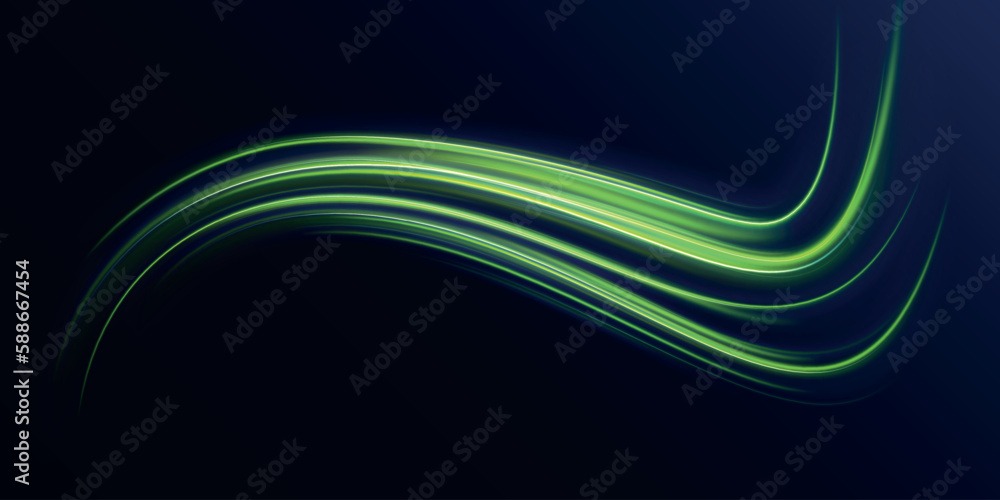 Abstract green blue wave light effect in perspective vector illustration. Abstract neon motion ...