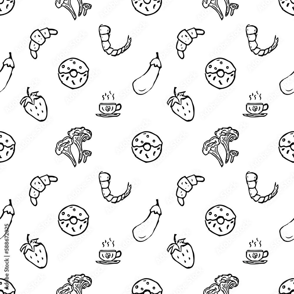 Seamless food pattern. Doodle vector food illustration. Hand-drawn food ...