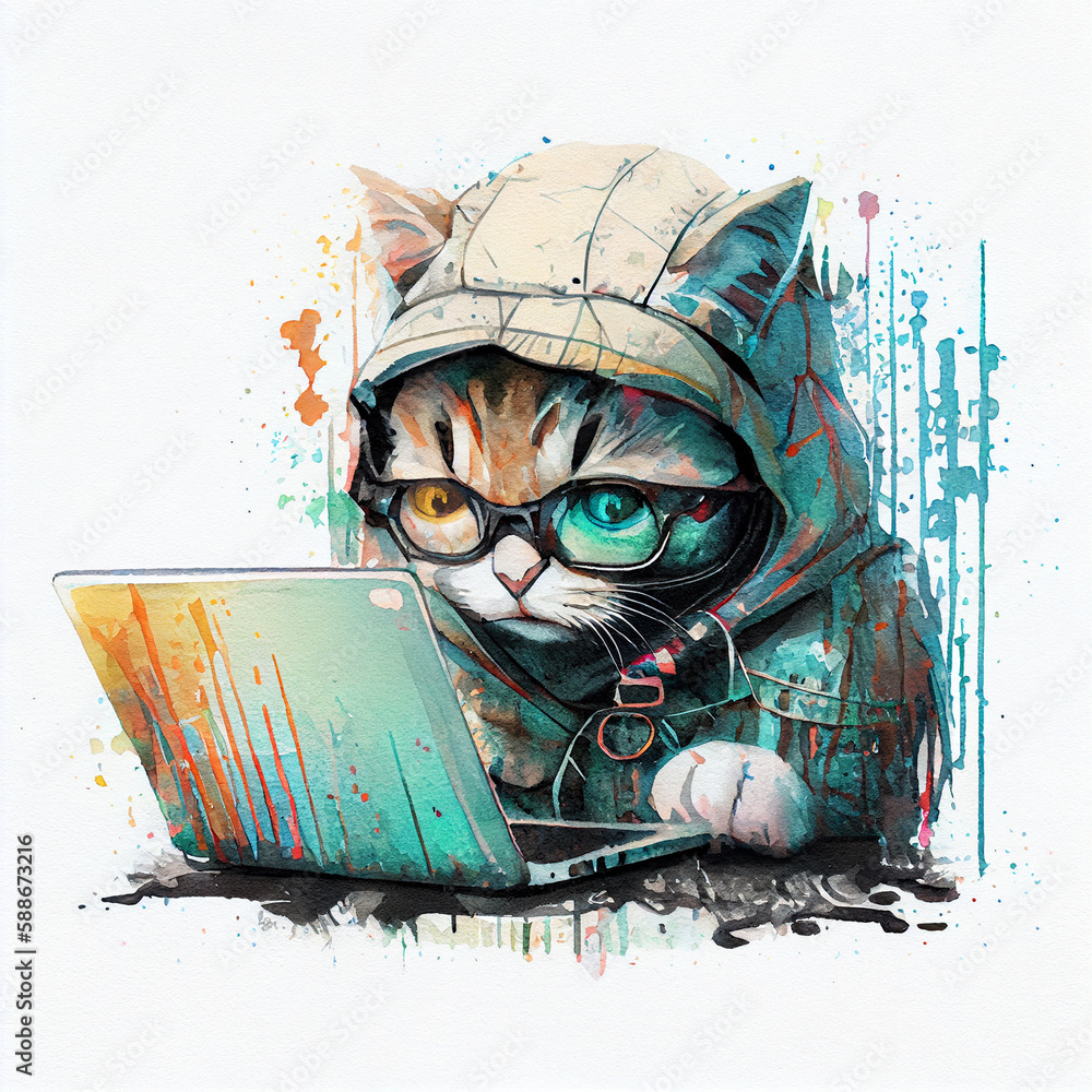 Watercolor illustrationfuturistic cat programmer or hacker, wearing ...