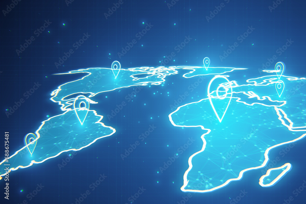 glowing map with location pins on blurry blue wallpaper. GPS and ...