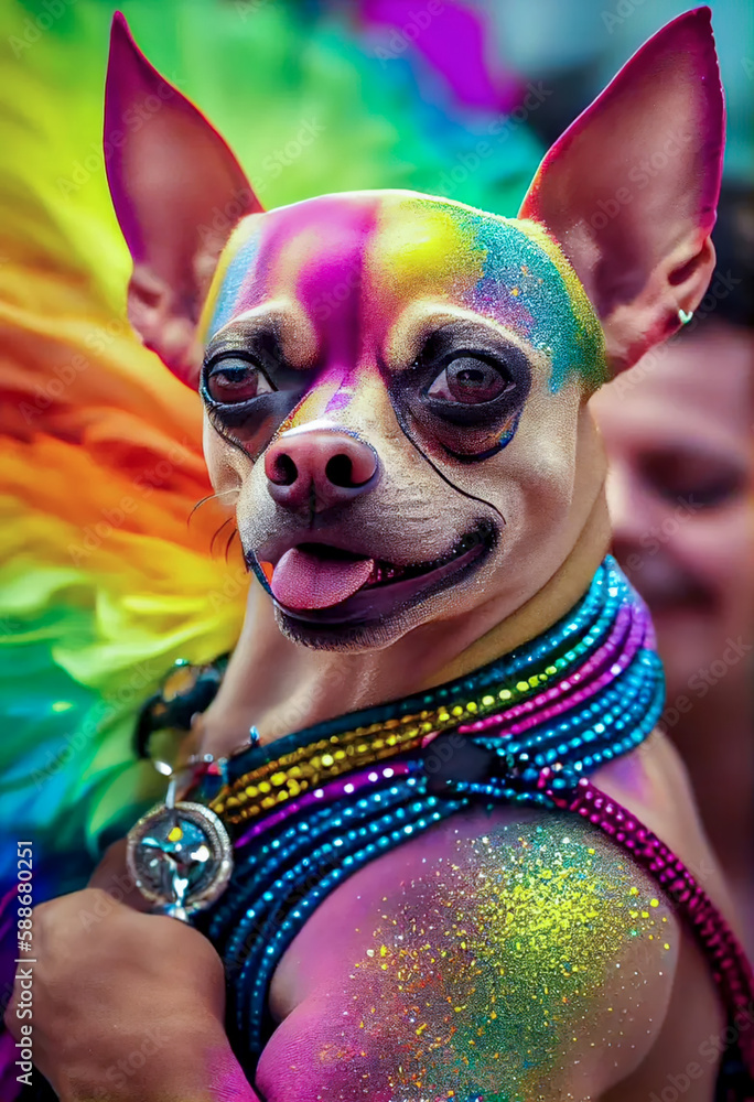 Portrait of a happy Chihuahua dressed as Carnival with makeup wig ...