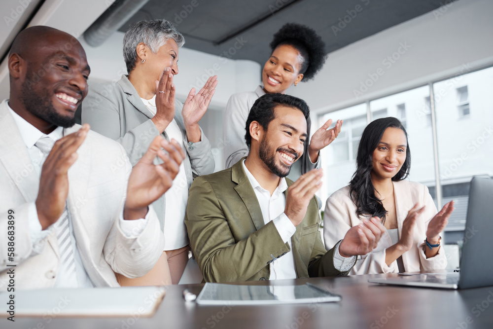 Laptop, business people and clapping hands in meeting for proposal ...