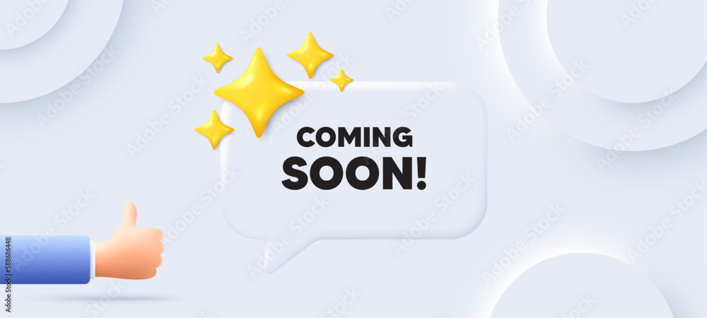 Coming soon tag. Neumorphic background with chat speech bubble ...