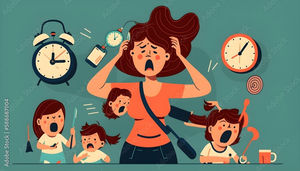 Chaos and stress of multitasking busy mom with crying baby. Tired woman ...