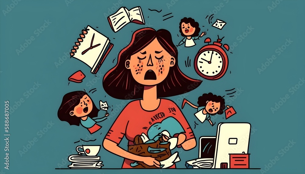 Chaos and stress of multitasking busy mom with crying baby. Tired woman ...