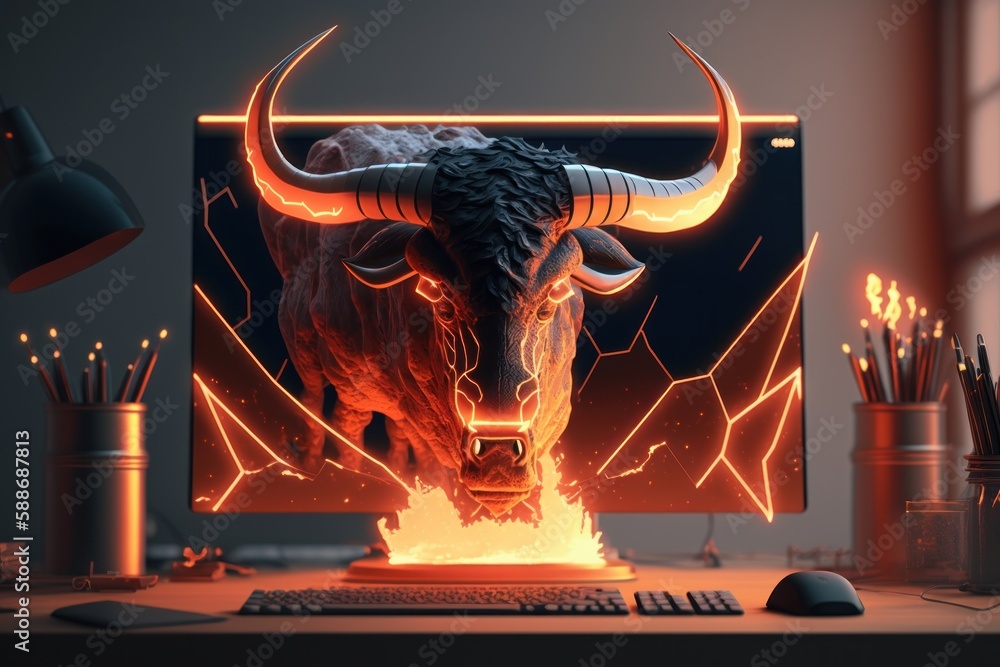 Fire sculpture of angry bull head in front of computer screen, Bullish ...