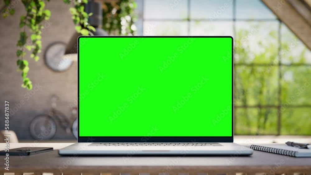 A laptop with a green screen is shown opening, set against the backdrop ...
