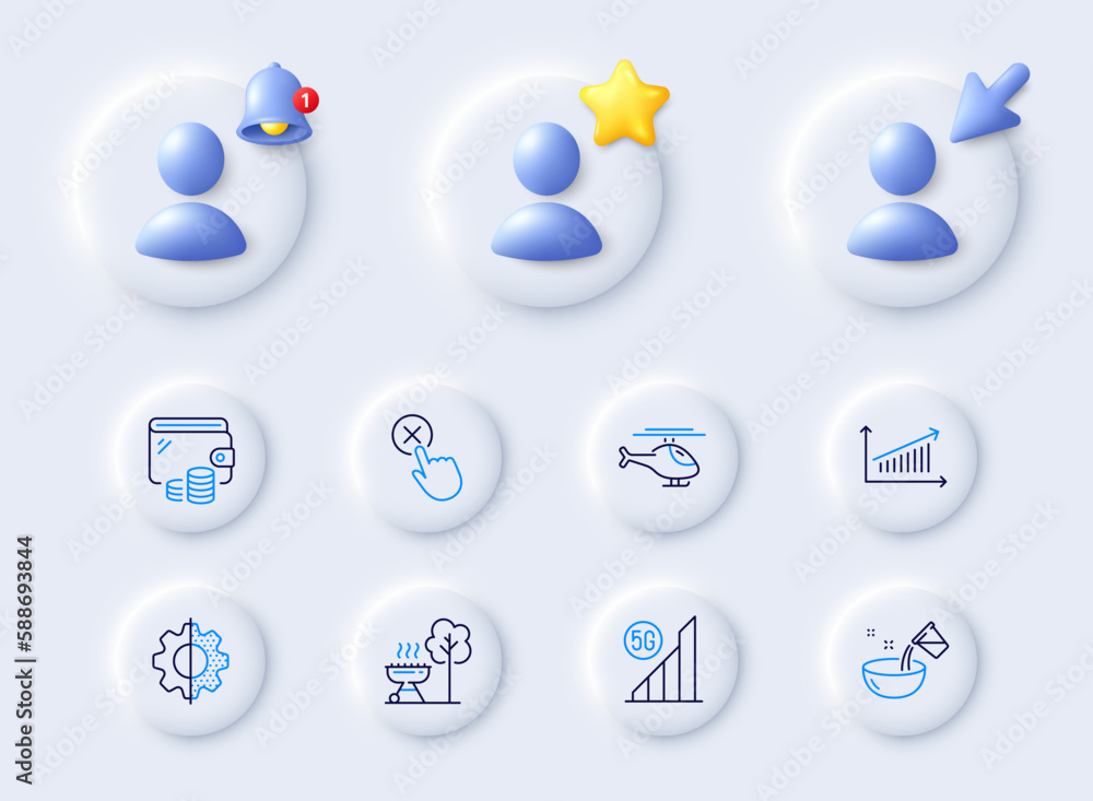 Transform, Helicopter and Chart line icons. Placeholder with 3d cursor ...